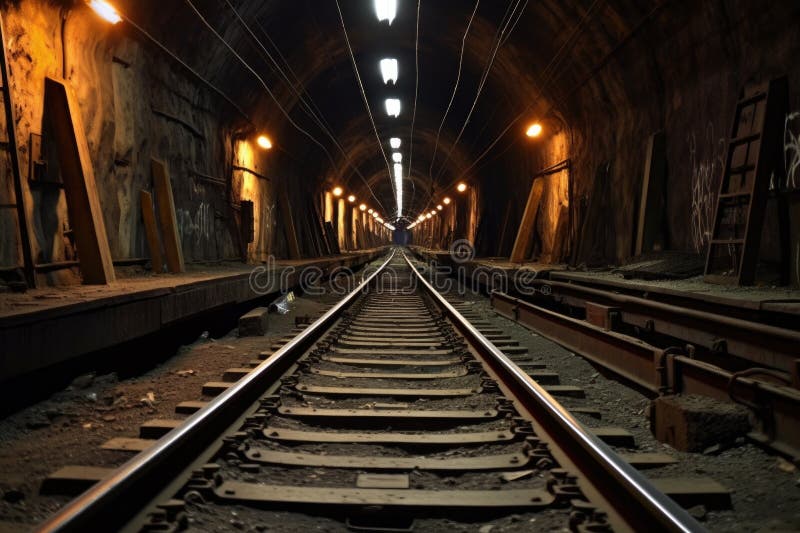 Close-up of Rail Tracks in Underground Subway Tunnel Stock Illustration ...