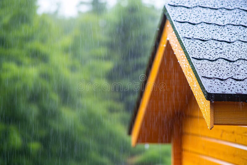Close Up of the Rain Falling on the House Roof with Copy Space for Text ...