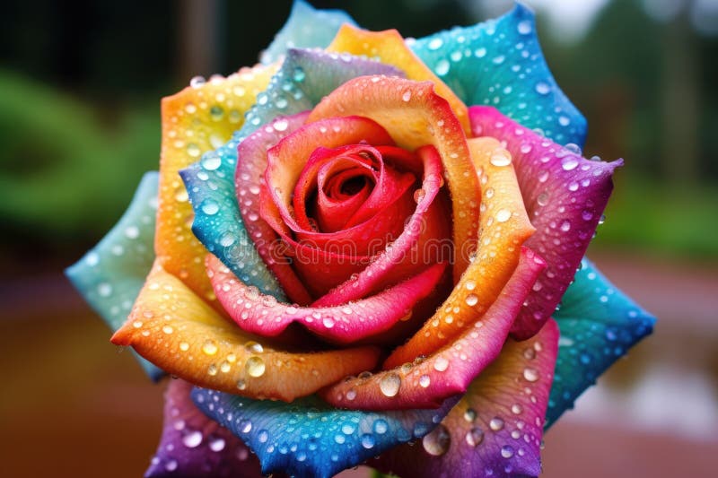 Close-up of a Rainbow-colored Rose with Dew Drops Stock Illustration ...