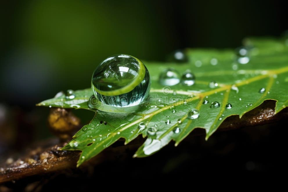 Close-up of a Raindrop on a Leaf with a Forest Scene Reflected in it ...