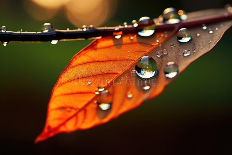 Close-up of a Raindrop on a Leaf Reflecting a Vivid Sunset Stock Photo ...