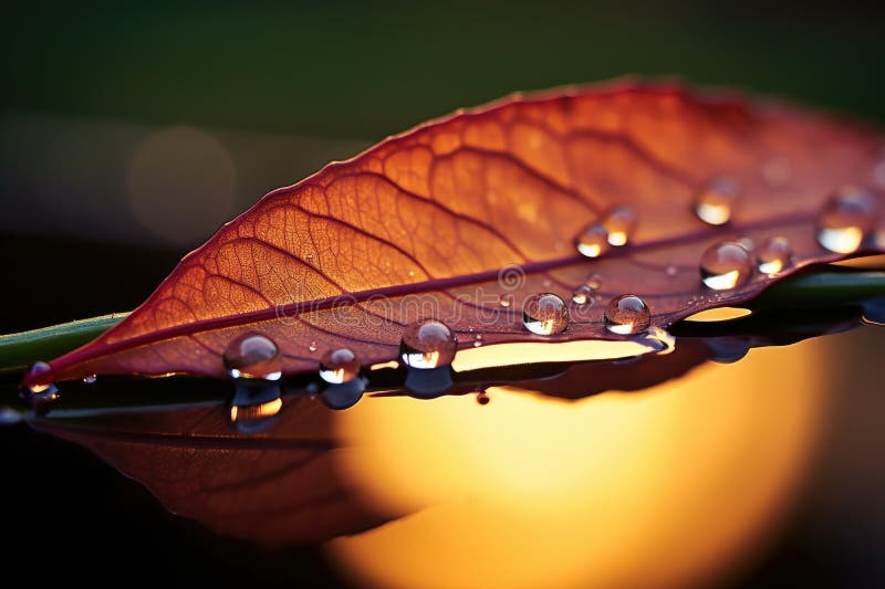 Close-up of a Raindrop on a Leaf Reflecting a Vivid Sunset Stock Photo ...