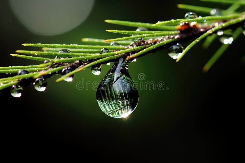 Close-up of a Raindrop on a Pine Needle Reflecting a Forest Stock Photo ...