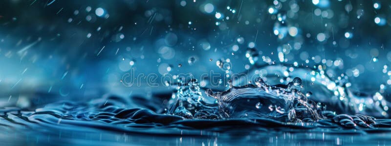 Close-up of Raindrops Splashing in Water with Bokeh Lights Stock Photo ...