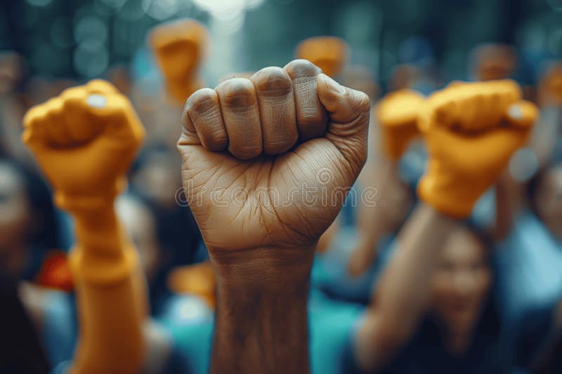 Close-Up of Raised Fist among Crowd Wearing Orange Gloves Symbolizing ...