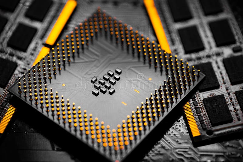 Close Up of RAM Memory and Pins on Main CPU PC Processor Circuit Board ...