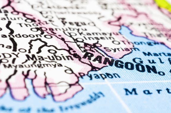Close Up of Rangoon or Yangon on Map, Myanmar Stock Image - Image of ...