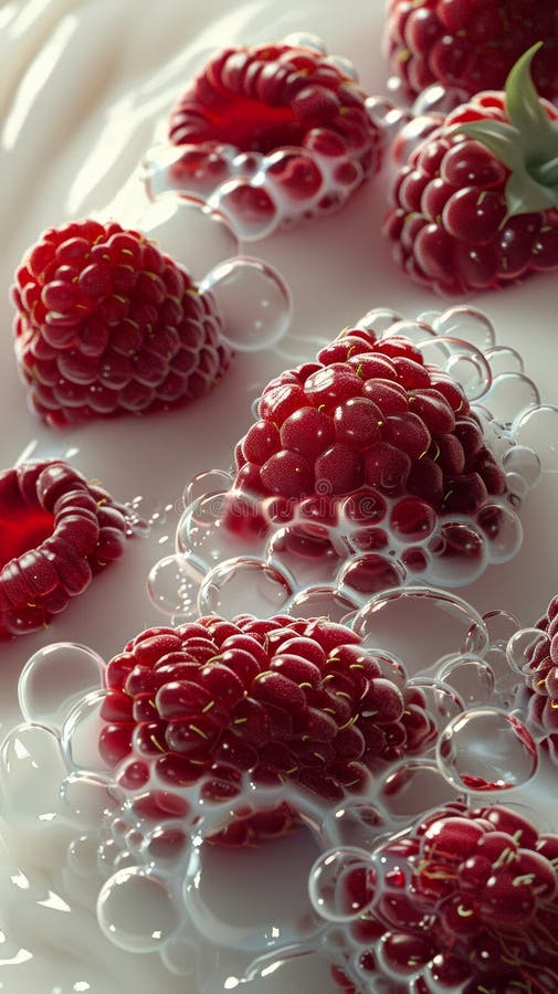 Close-up of Raspberries in Milk Bubbles Stock Photo - Image of bubbles ...