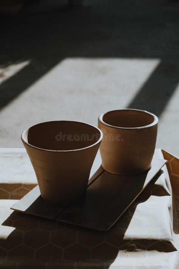 Close-up Raw Ceramic Pottery Cup Drying on Wooden Table, Clay Texture ...