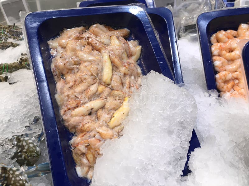 Close Up Raw Crab Meat on Ice Stock Photo - Image of frozen, background ...