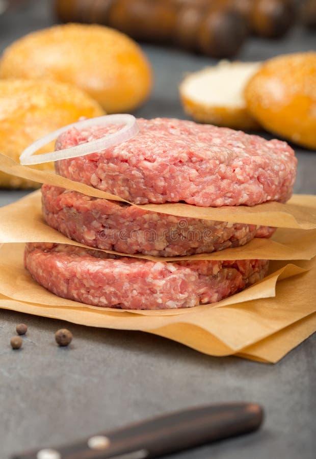 Close Up Raw Ground Beef Meat Cutlets with Onion Ring Stock Image ...