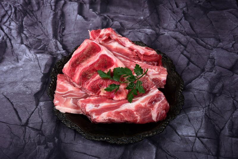 Raw Pork on the Bone or Rib Sliced with Salt, Spices and Herbs Stock ...
