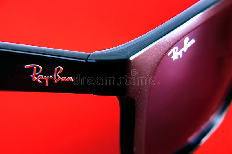 Close-up of the Ray-Ban Brand Logo on Black Ray Ban Sunglasses with ...