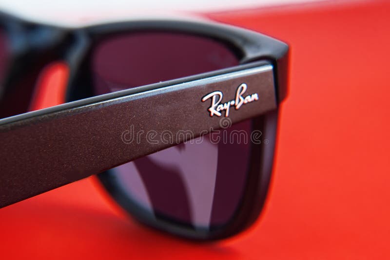 Close-up of the Ray-Ban Brand Logo on Black Ray Ban Sunglasses with ...