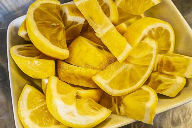 Close Up Sliced Lemons in Plate Stock Image - Image of refresh, close ...