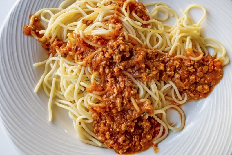 Close Up Spaghetti with Sauce on White Plate Stock Photo - Image of ...