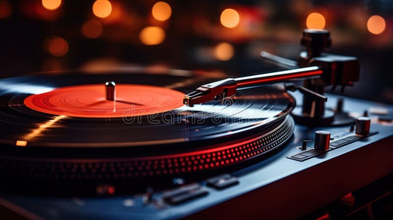 A Close Up of a Record Player with Lights Behind it, AI Stock ...