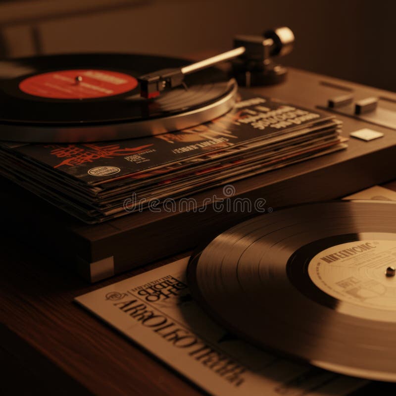 A Close Up of a Record Player with a Stack of Vinyl Records and Album ...