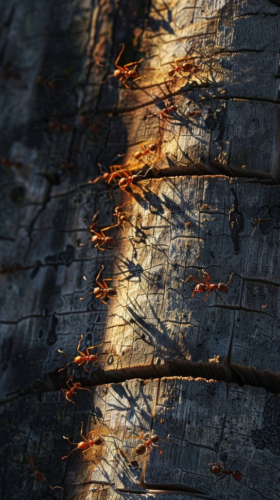 Close Up of Red Ants on a Tree Bark in Sunlight, Natural Texture and ...