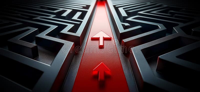Close-up of a Red Arrow Passing through a Black Labyrinth or Maze Walls ...
