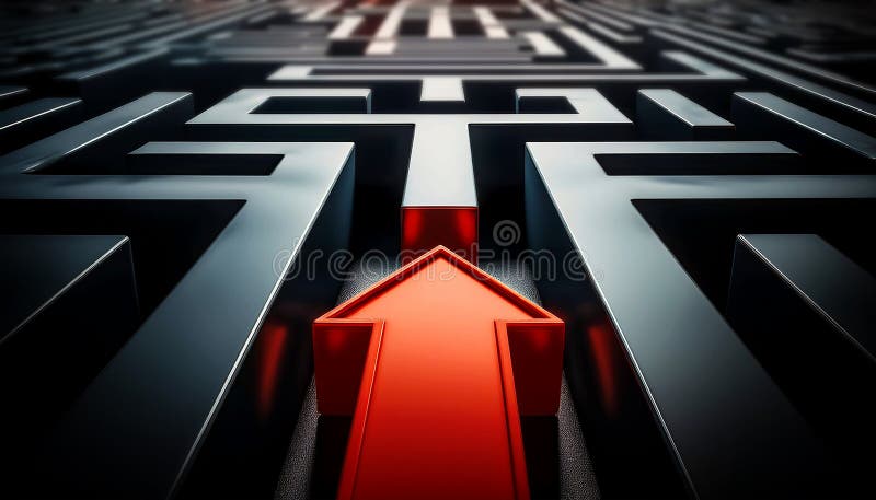 Close-up of a Red Arrow Passing through a Black Labyrinth or Maze Walls ...
