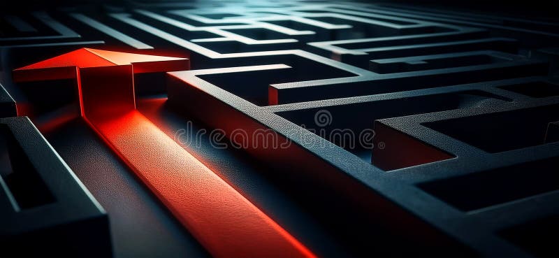 Close-up of a Red Arrow Passing through a Black Labyrinth or Maze Walls ...