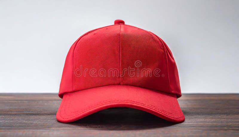 Close-up of Red Baseball Cap Mock-up, Front View on Table Stock ...