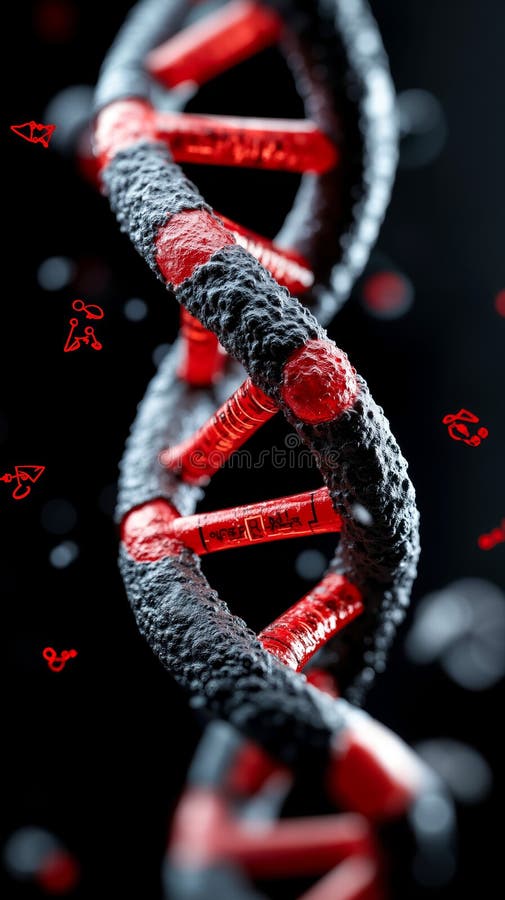 A Close Up of a Red and Black Dna Strand on a Black Background Stock ...
