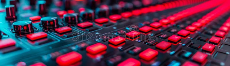 Close-up of a Red and Blue Audio Mixer Control Panel with Buttons and ...
