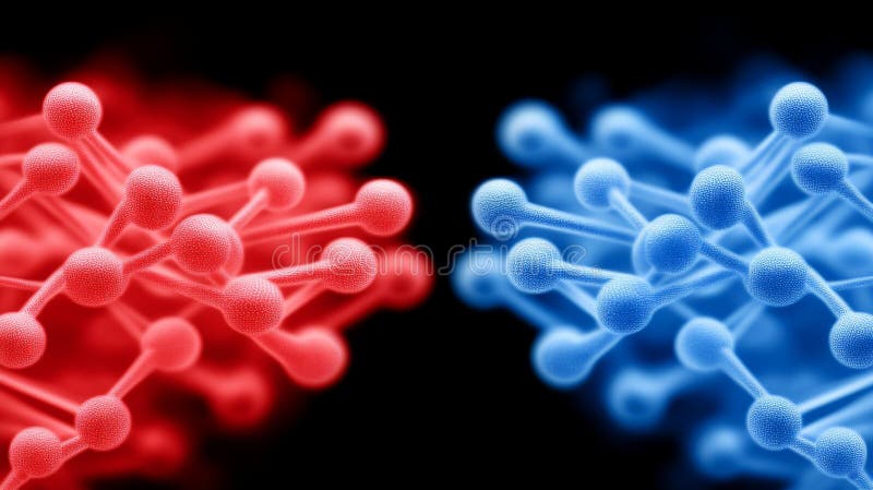 Close Up of Red and Blue Molecular Structures Connected in a Glowing ...