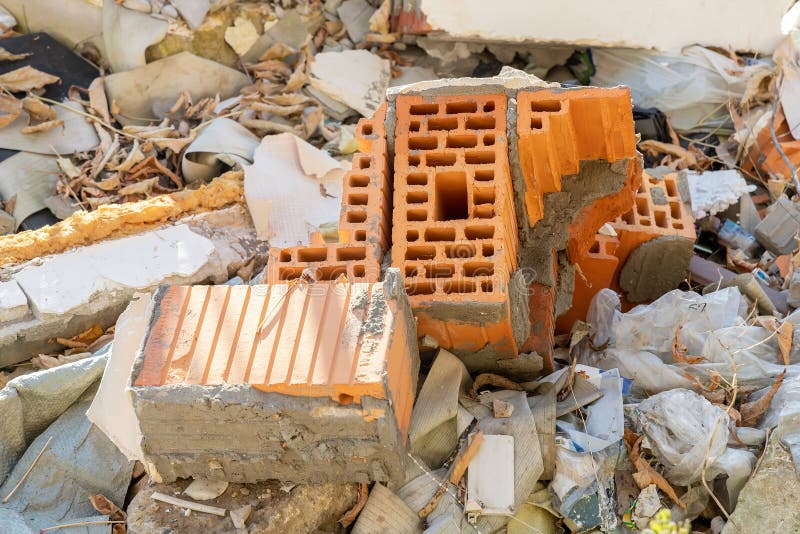 Construction Garbage. a Pile of Red Broken Bricks, Debris of Concrete ...