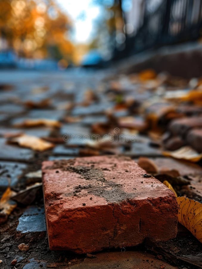 Close-up of a Red Brick on a Leaf-covered Path Stock Illustration ...