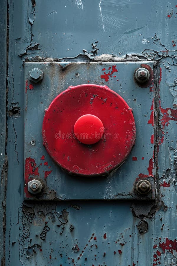 Close Up of a Red Button on a Metal Door. Suitable for Security or ...