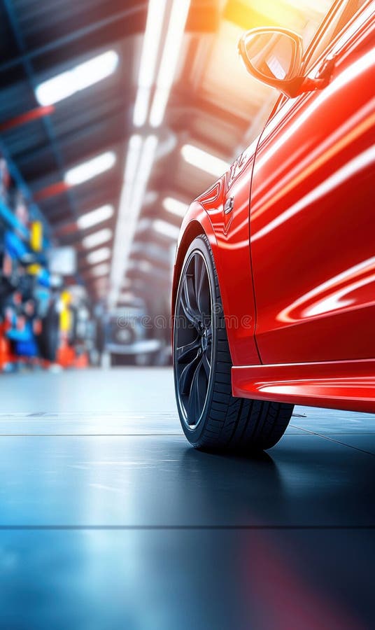 Close-Up of Red Car in Workshop with Black Rims and Blurred Workers ...