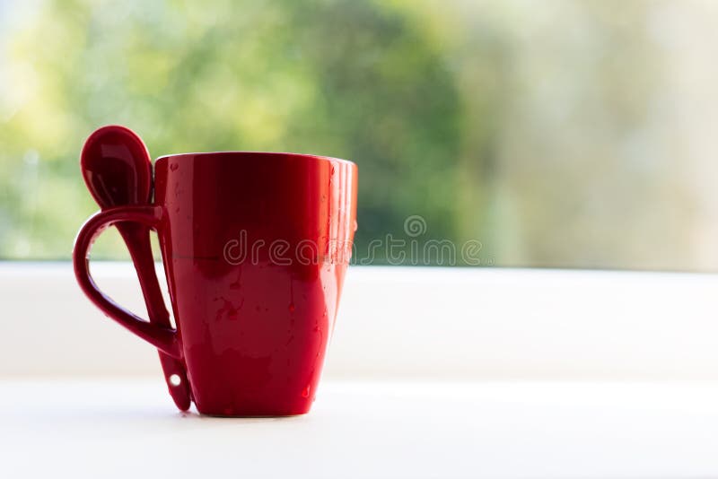 Close-up of Red Ceramic Cup and Spoon. Stock Image - Image of dishware ...