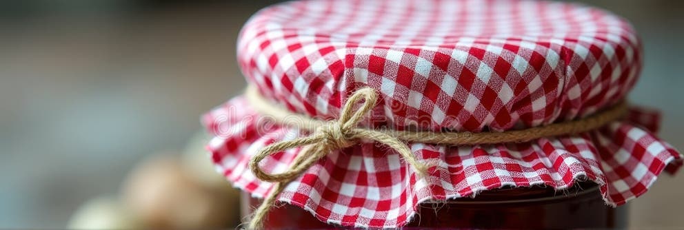 Close-up of Red Checkered Fabric on Jar with Twine Bow Stock ...