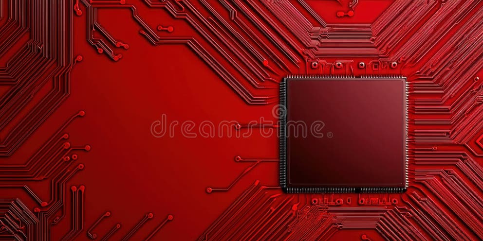 Red Circuit Board with a Microchip in the Center and Intricate ...