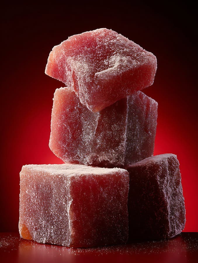 Close Up of Red Cubes of Candied Fruit Stacked on Red Background Stock ...
