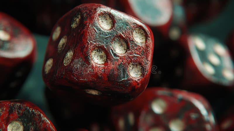 Close Up of a Red Dice with Silver Pips the Dice is Slightly Worn with ...