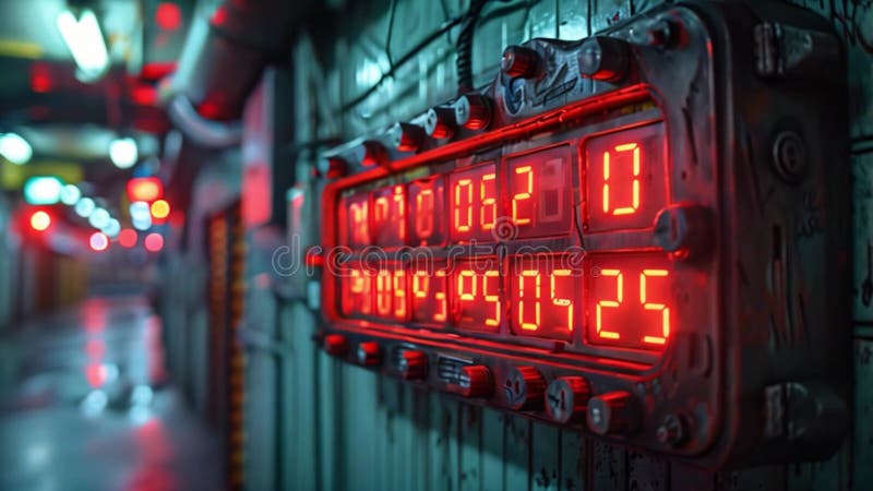 A Close-up of a Red Digital Display Mounted on a Wall in a Dimly Lit ...