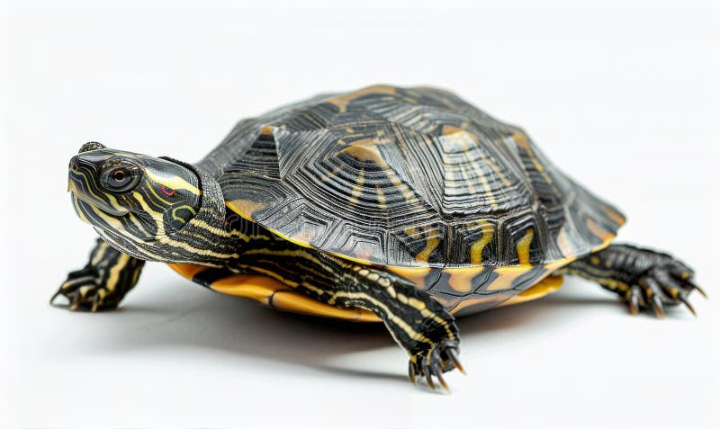 Close-Up of a Red-Eared Slider Turtle in Front of a White Background ...