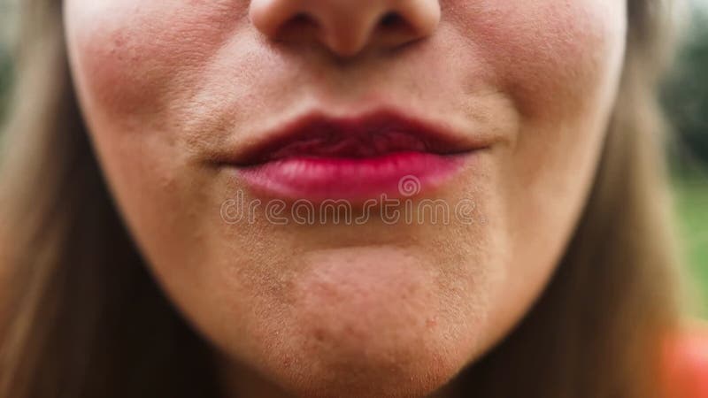 Close Up of Red Female Lips with Raspberry. Beautiful Female Model Lips ...