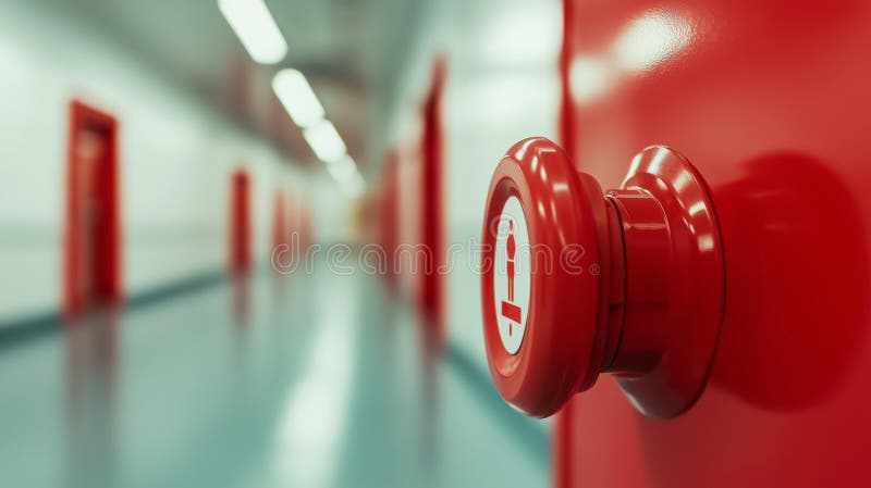 Close Up of a Red Fire Alarm Button with a Blurred Corridor in the ...