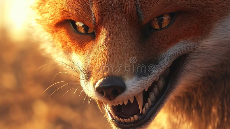 Close-up of a Red Fox Baring Its Teeth in a Sunset Stock Illustration ...