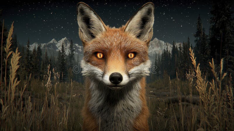 Red Fox Night Portrait Glowing Eyes Against Snowy Mountain Range Stock ...