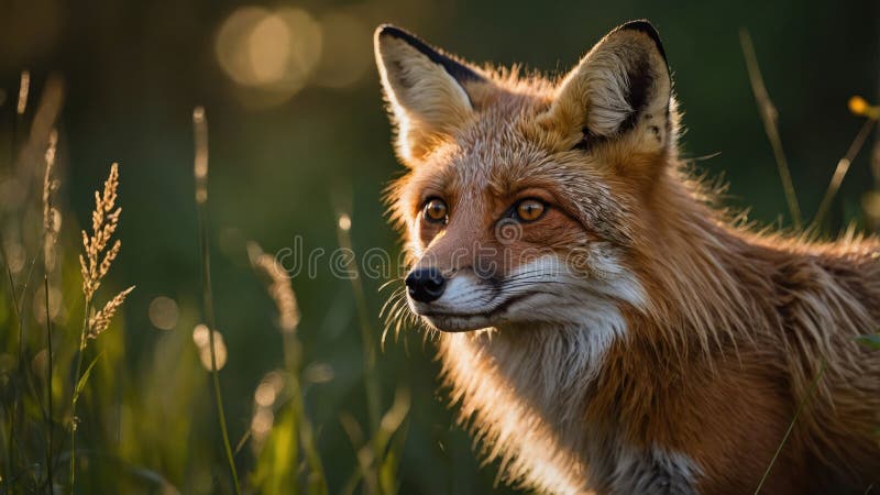 A Close-up of a Red Fox in a Grassy Field, Illuminated by Soft Sunlight ...