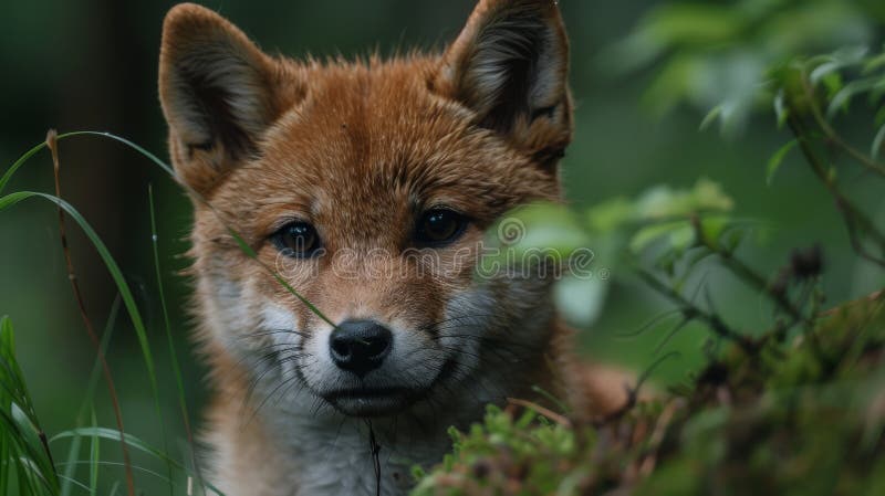 A Close-up of a Red Fox Kit Standing Alert in a Forest Stock ...