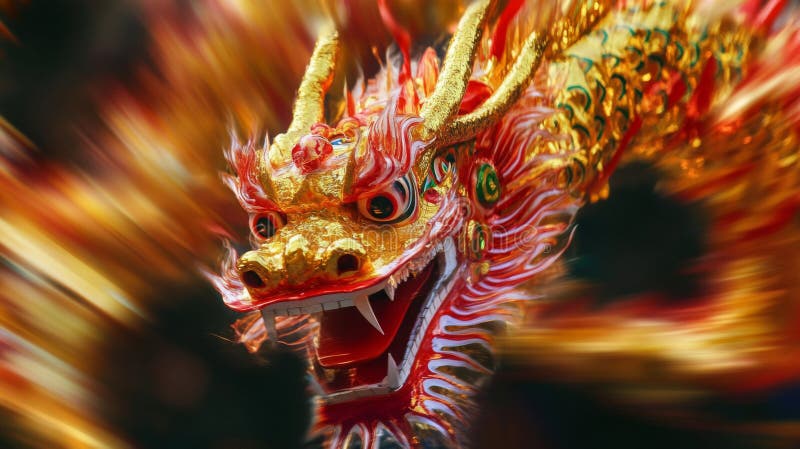A Close-Up of a Red and Gold Dragon Costume Head in Motion Stock ...