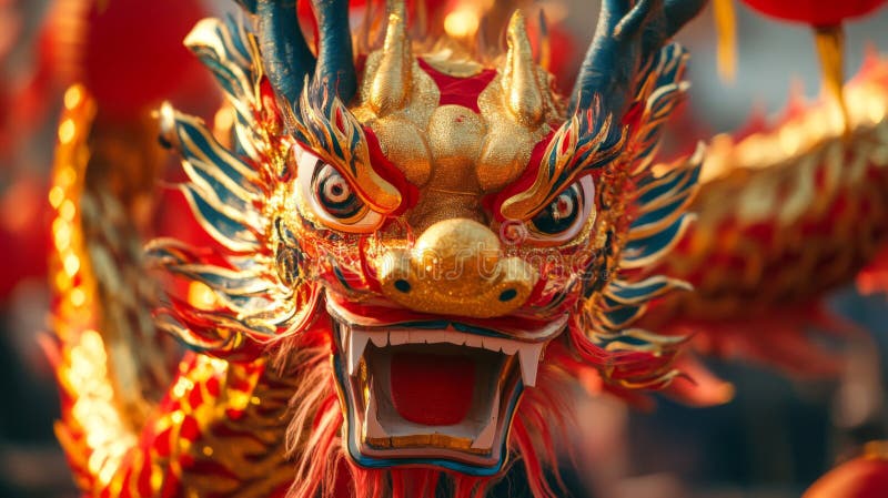 Close-up of a Red and Gold Dragon Costume with Open Mouth Stock ...