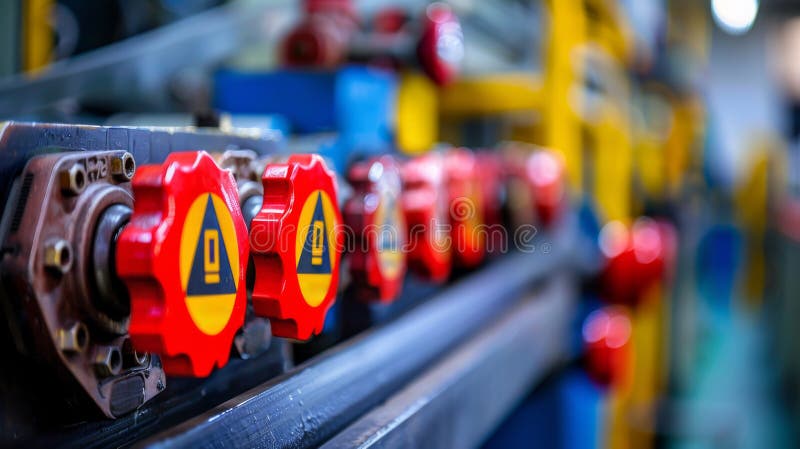 Close-up of Red Hazard Sign Button on Factory Machinery Stock ...